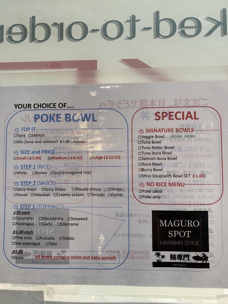 Menu at Maguro Spot restaurant, Honolulu