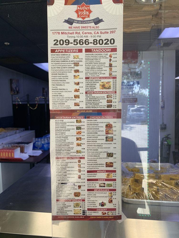 Menu at Mother India Cuisine restaurant, Ceres