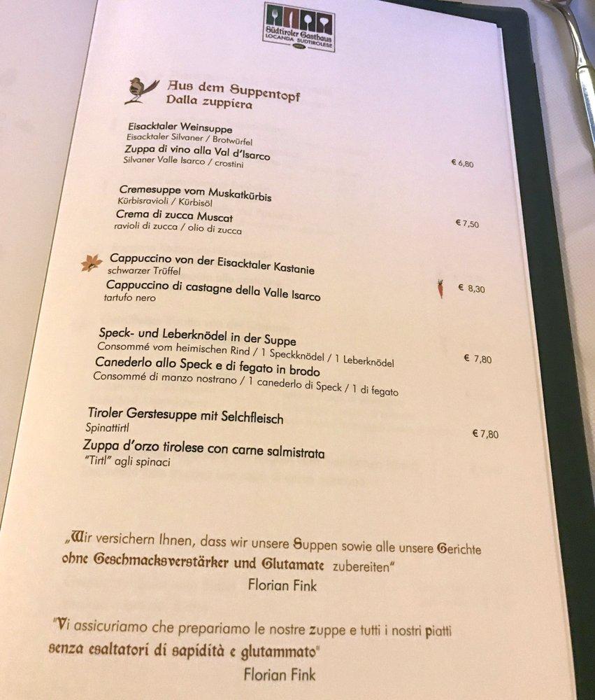 Speisekarte von fink Restaurant & Suites, Brixen, Via Portici Minori