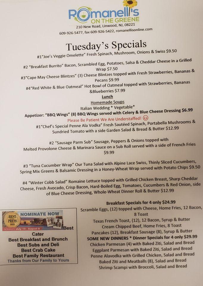 Menu at Romanelli's On the Greene pub & bar, Linwood