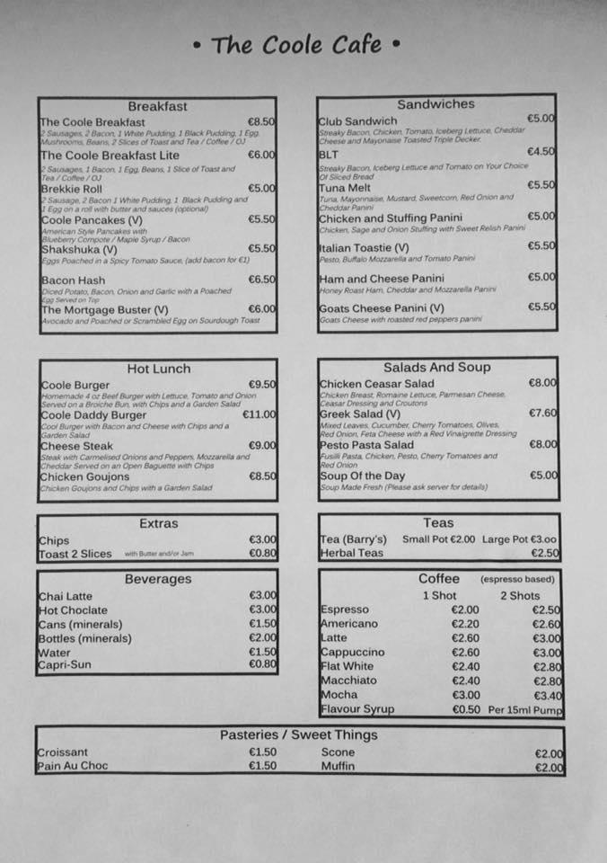 Menu at The Coole Cafe, Rathcoole