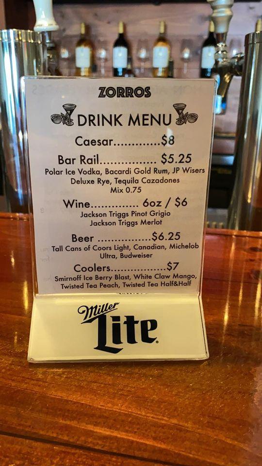 Menu at Zorro’s Chophouse restaurant, Sudbury
