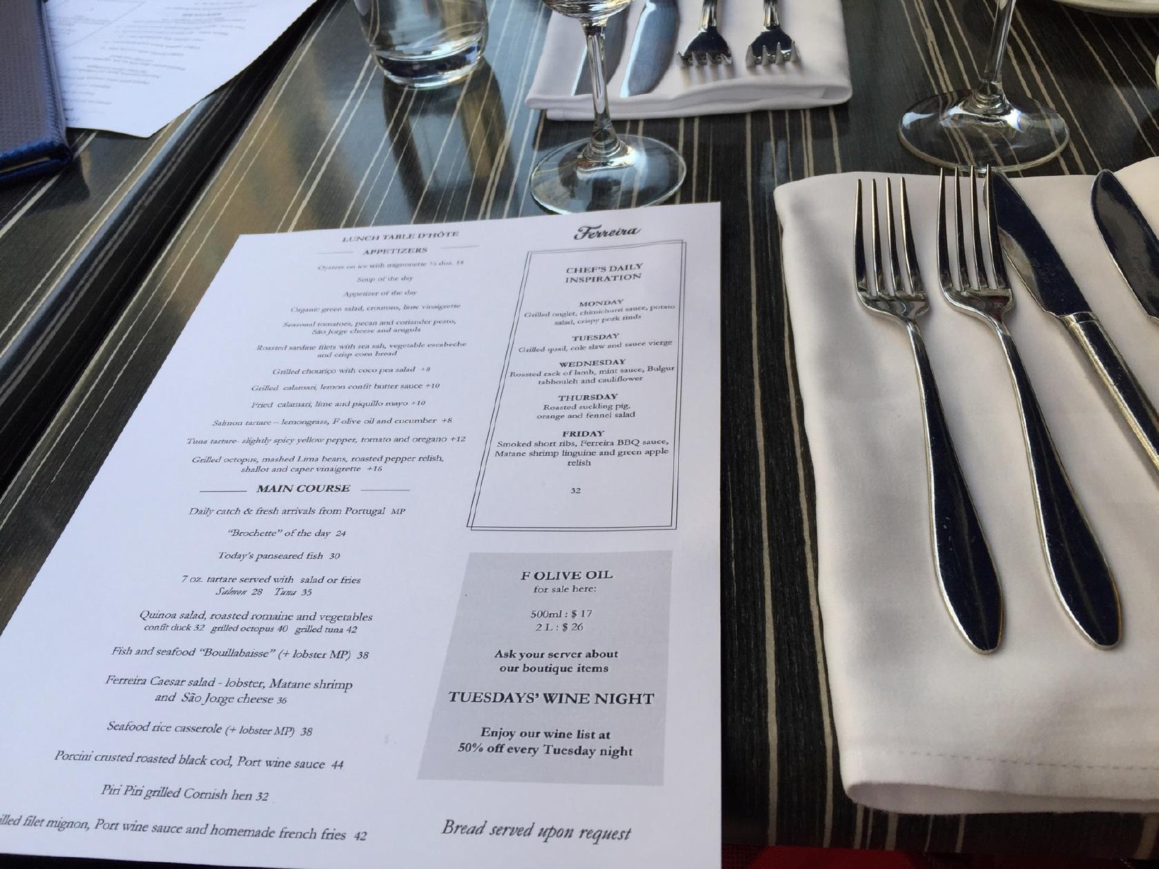 Menu at Ferreira Café, Montréal