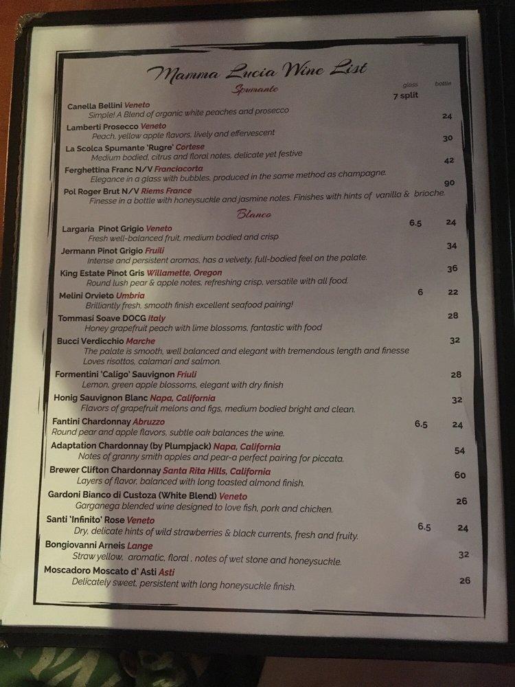 Menu at Mamma Lucia restaurant, Wilmington
