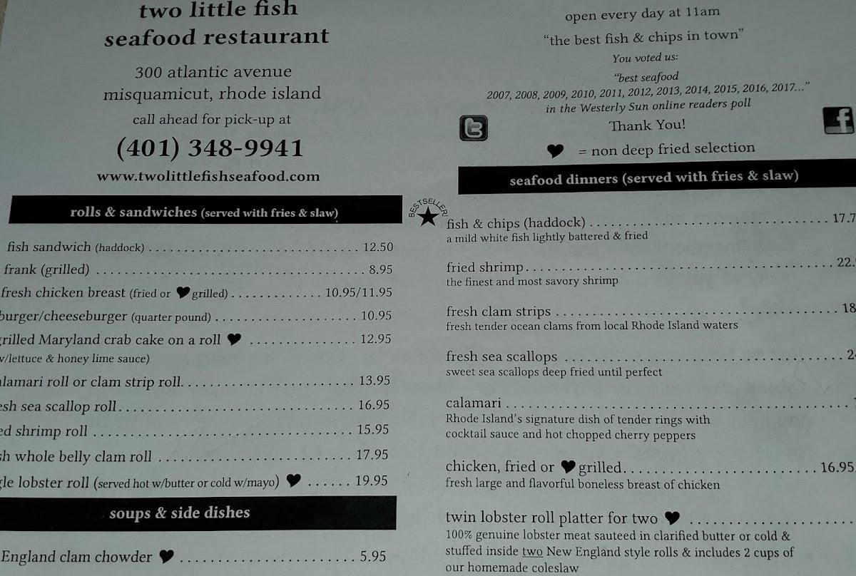 Menu at Two Little Fish restaurant, Westerly