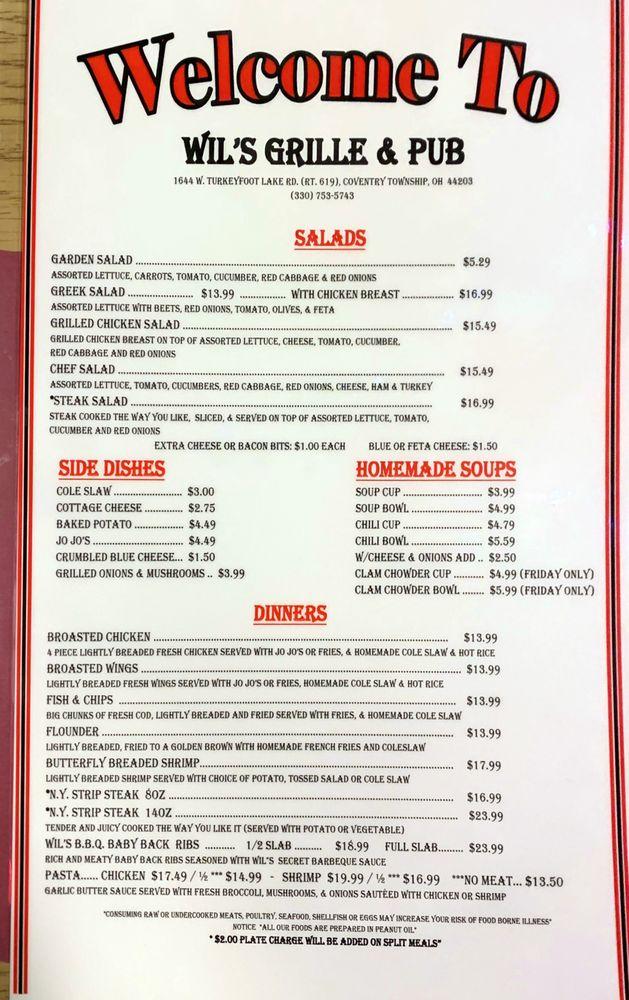 Carta de Wil's Grille & Pub, Barberton