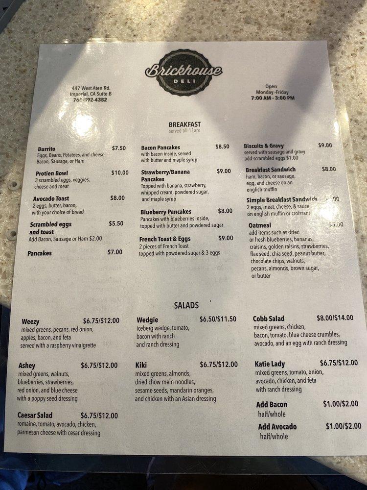 Menu at Brickhouse deli restaurant, Imperial