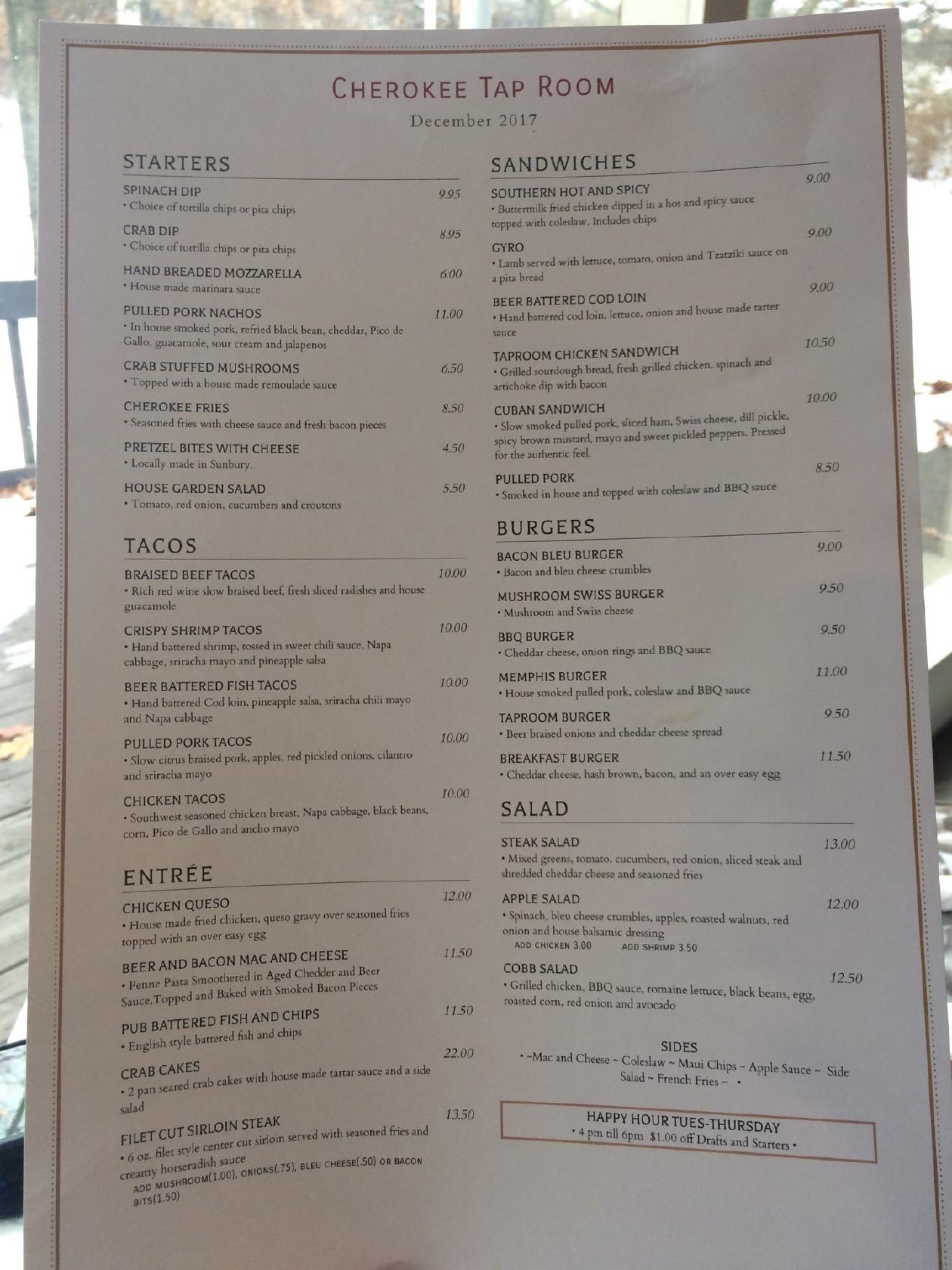Menu at Cherokee Tap Room And Grill pub & bar, Danville