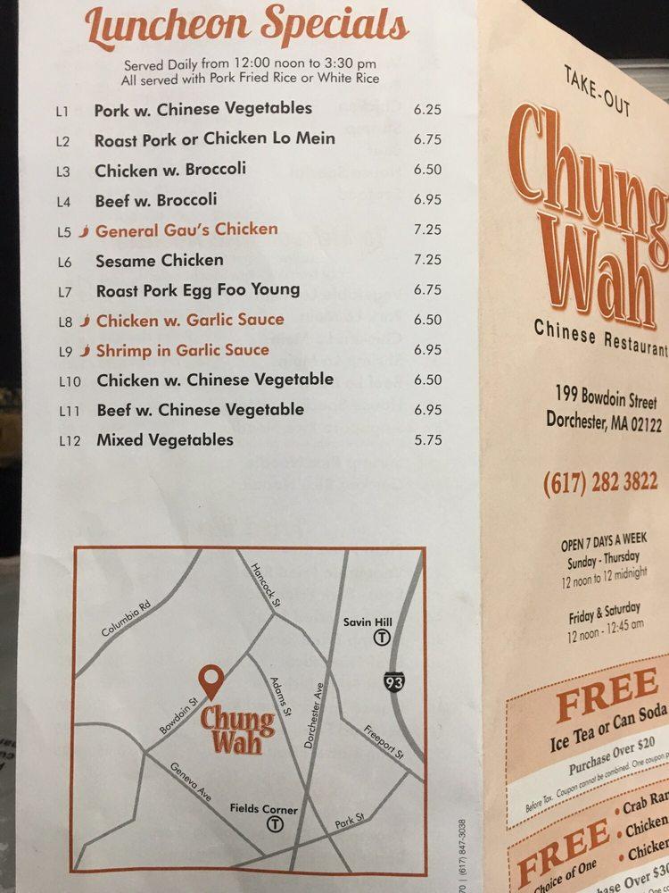 Menu at Chung Wah restaurant, Boston, 199 Bowdoin St