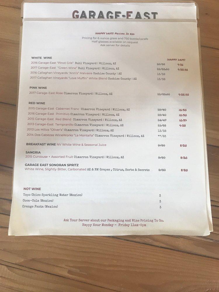 Menu at Garage-East pub & bar, Gilbert