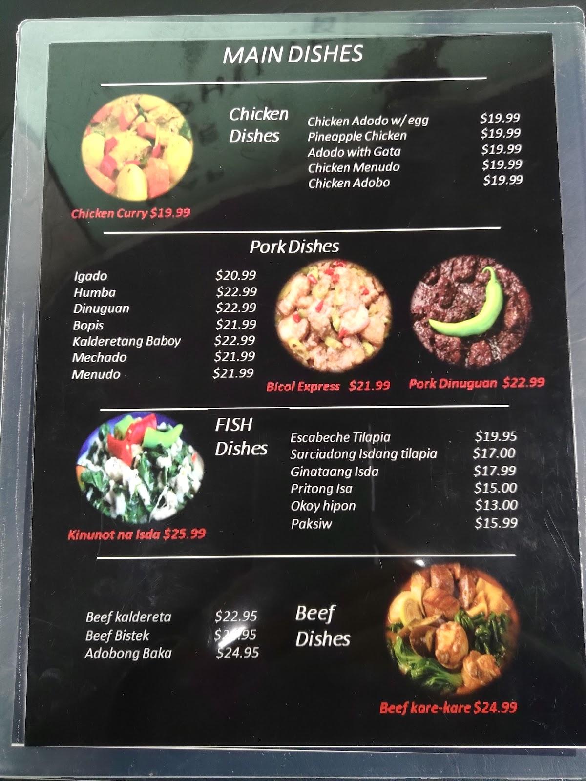 Menu au Giga's Pinoy Carinderia restaurant, Cochrane