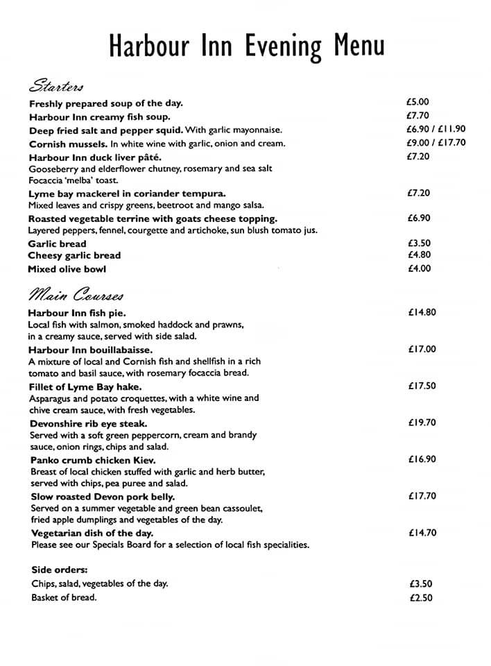 Menu at Harbour Inn pub & bar, Lyme Regis