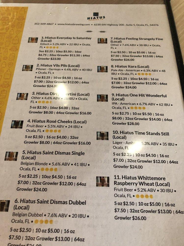 Menu at Hiatus Brewing Company pub & bar, Ocala
