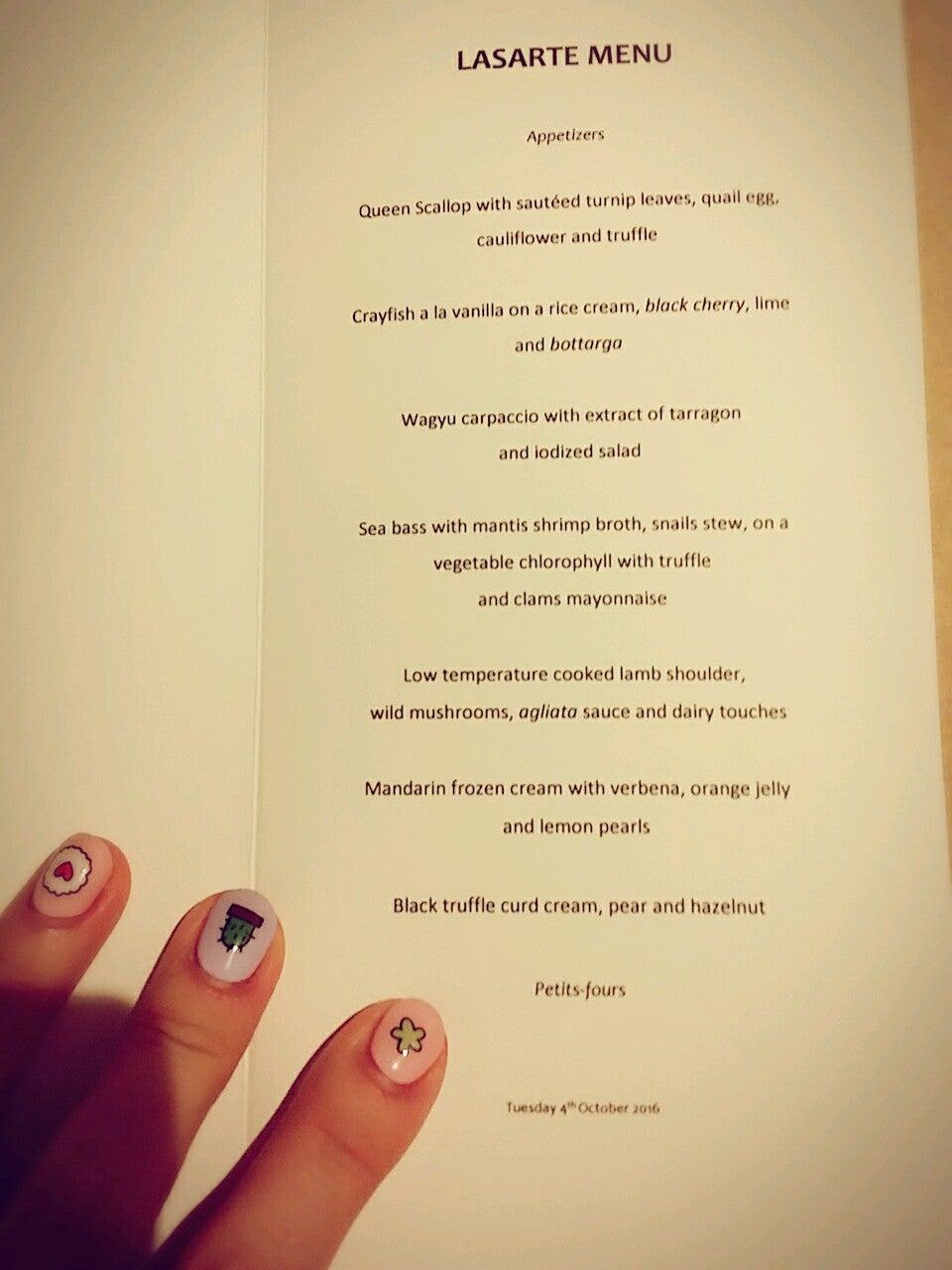 Menu at Lasarte restaurant, Barcelona