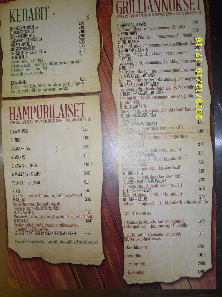 Menu at Mäntygrilli restaurant, Kuopio
