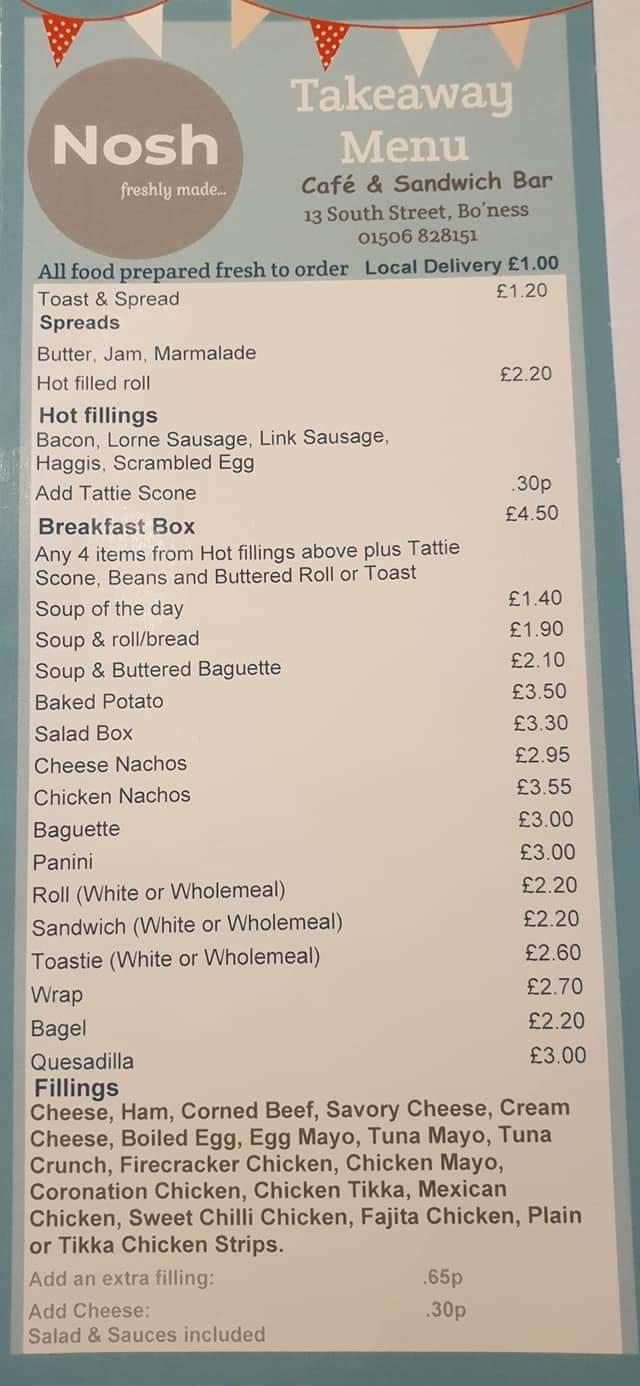 Menu at NOSH Bo'ness cafe, Bo'ness