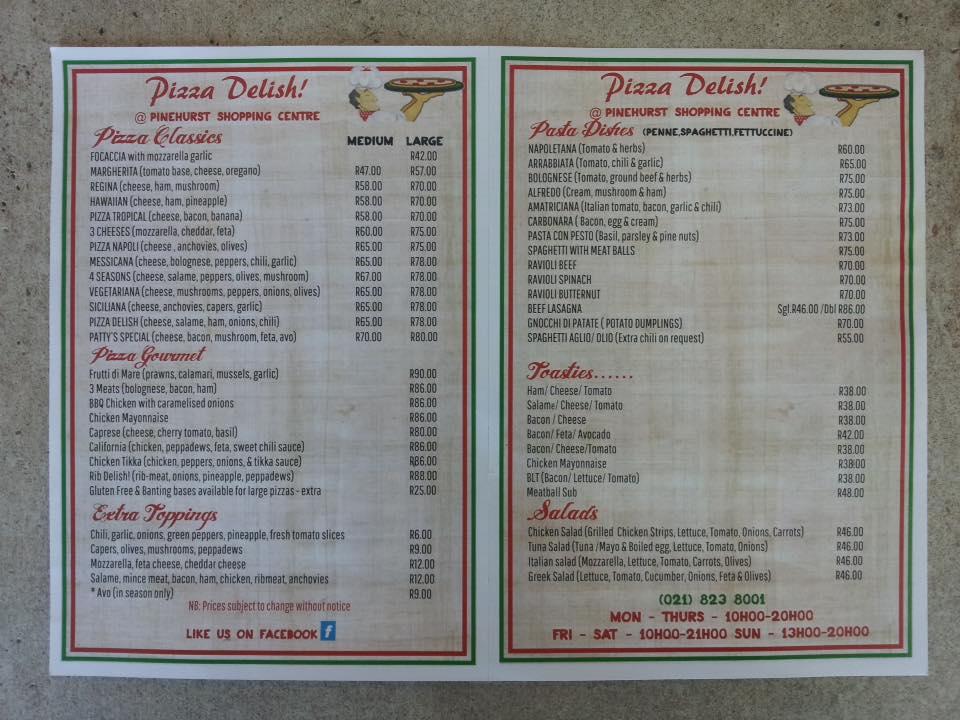 Menu at Pizza Delish! pizzeria, Cape Town, Shop 28 Pinehurst Shopping Mall