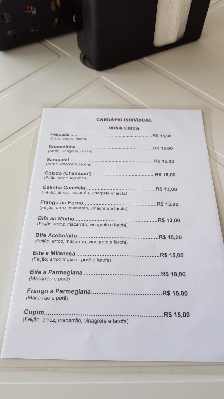 Menu at Restaurante Dona Chita, Recife