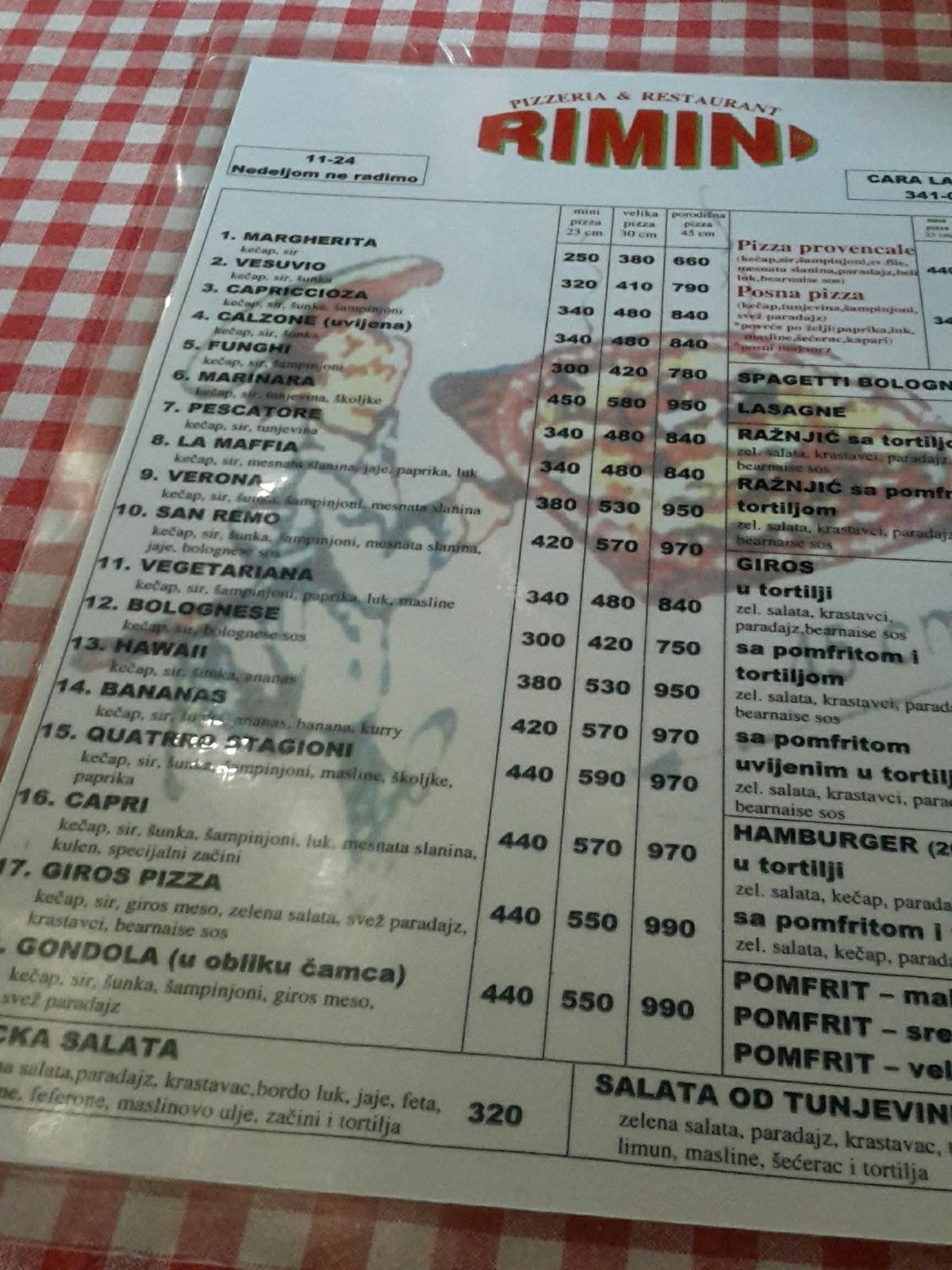 Menu at Rimini restaurant, Čačak