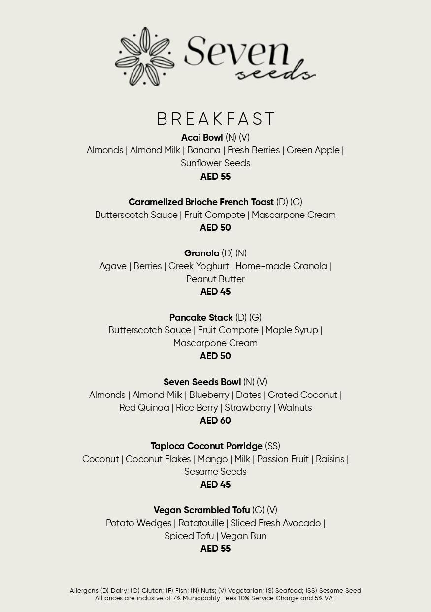 Carta del restaurante Seven Seeds, Dubai, 1F