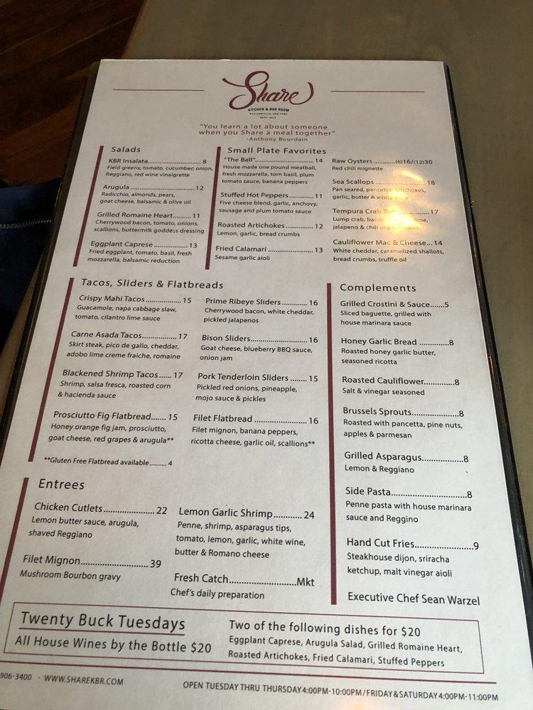 Menu at Share Kitchen & Bar Room, Williamsville