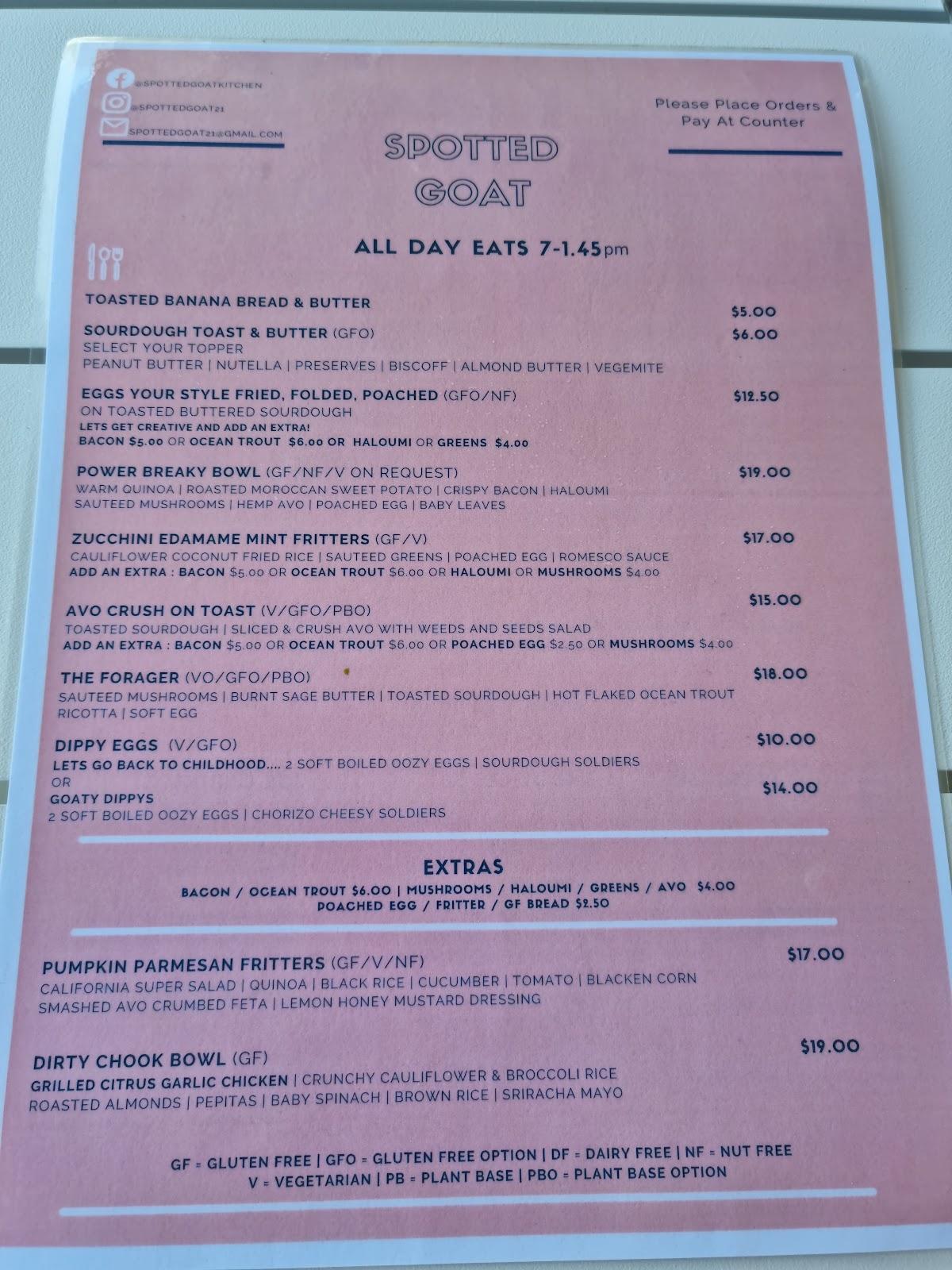 Menu at Spotted Goat Kitchen cafe, Torquay