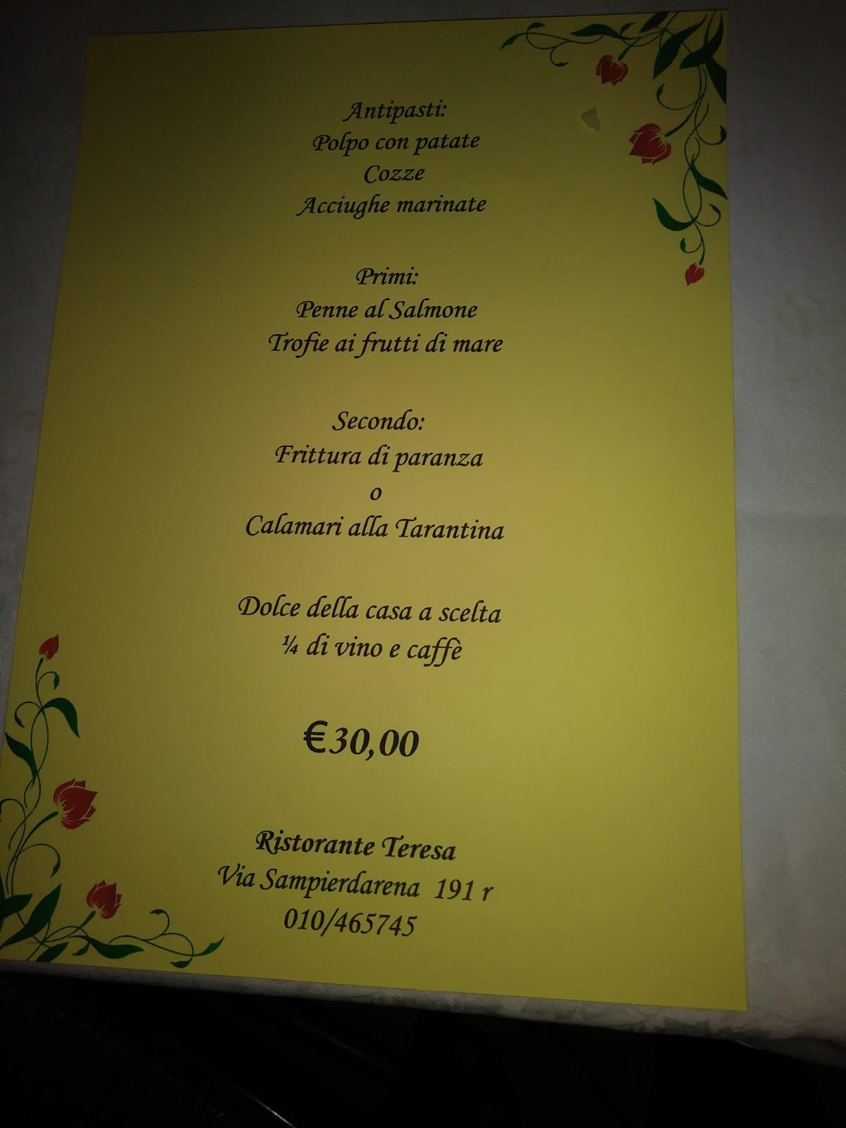 Menu da Teresa ristorante, Genova, Via Sampierdarena
