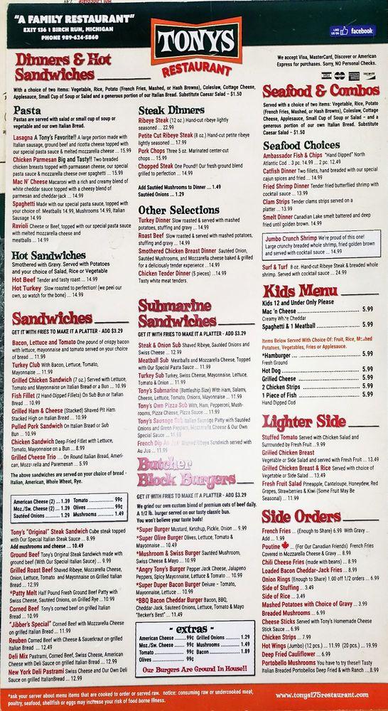 Menu at Tony's I75 Restaurant, Birch Run