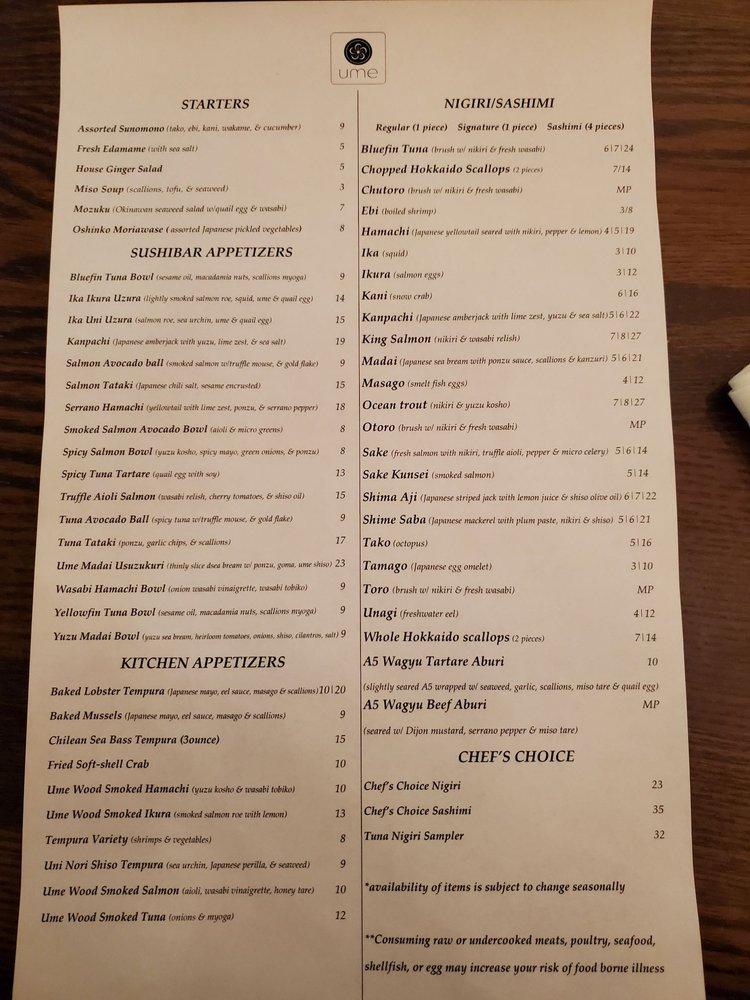 Menu at Ume restaurant, Houston