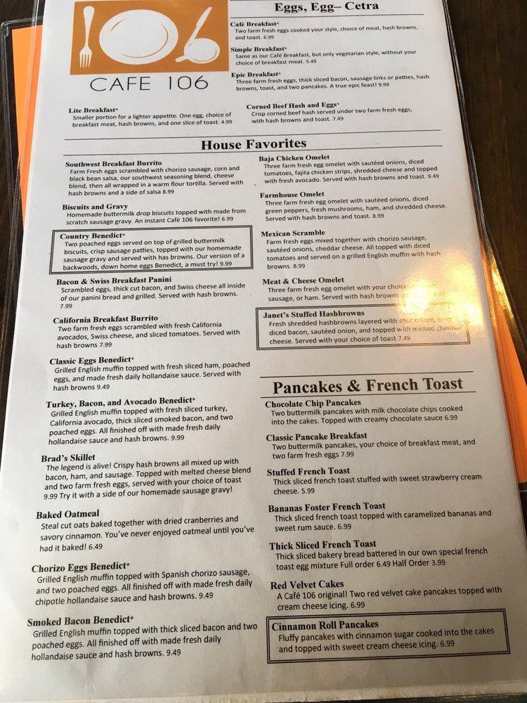 Menu at Cafe 106, Ludington