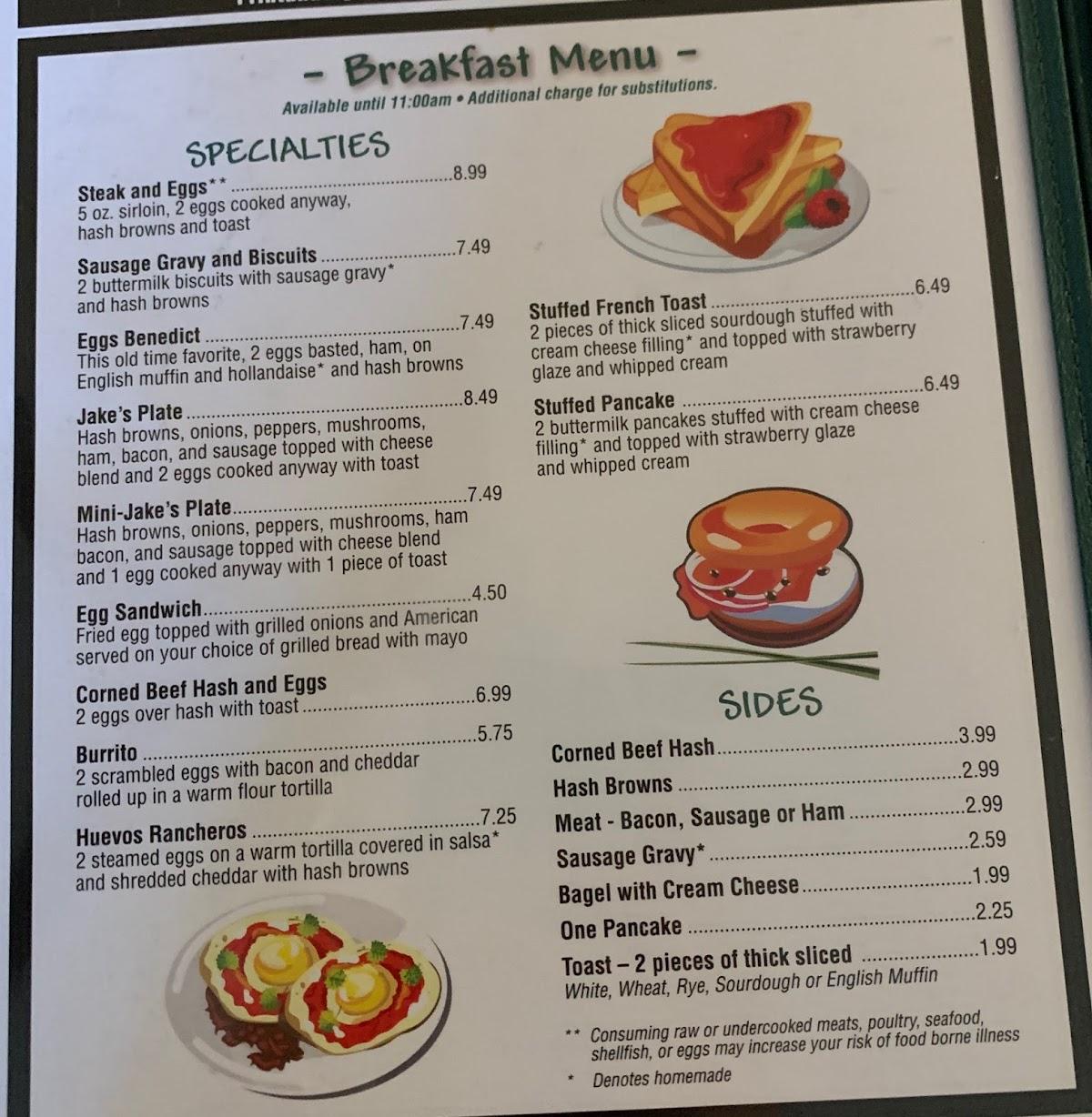 Menu at Jake's Eats restaurant, Mantua