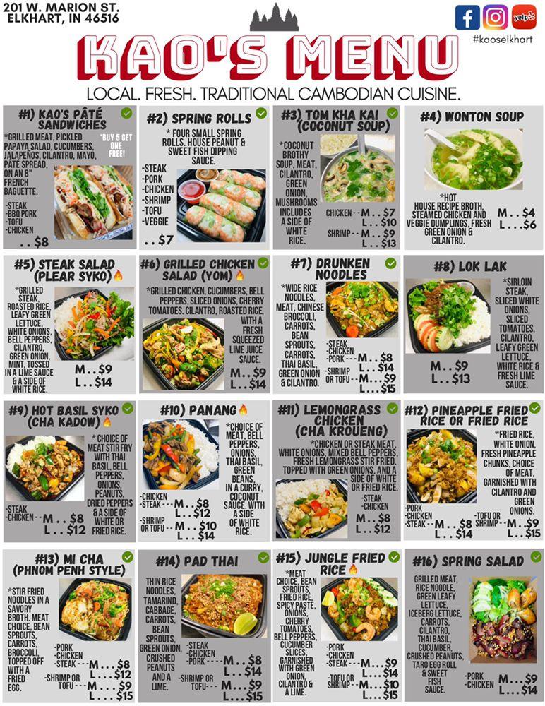 Menu at Kao's restaurant, Elkhart