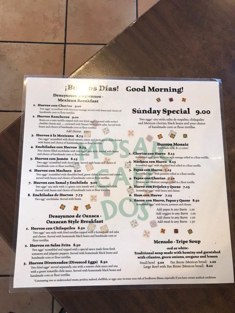 Menu at Mosaic Cafe Dos, Tucson, N La Cholla Blvd # 108