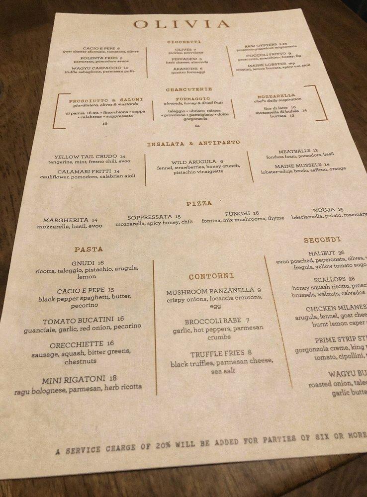 Menu at OLIVIA pub & bar, Tampa