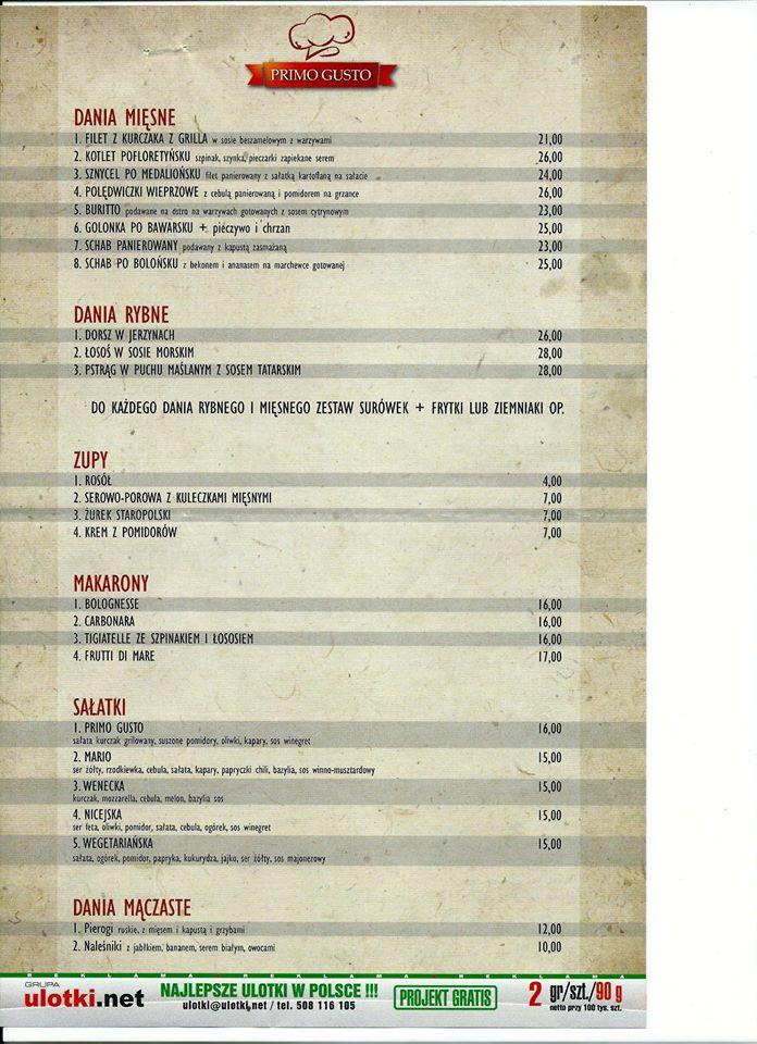 Menu at PRIMO GUSTO pizzeria, Częstochowa