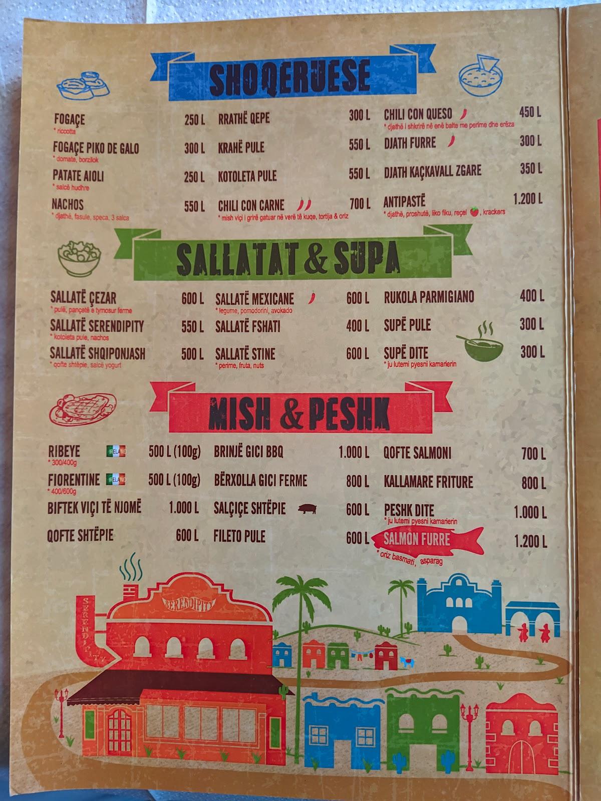 Menu at Serendipity the Mexican restaurant, Tirana