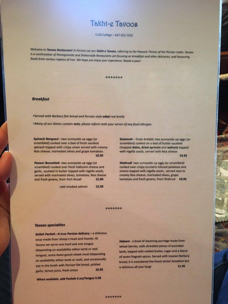 Menu at Takht-e Tavoos Restaurant, Toronto