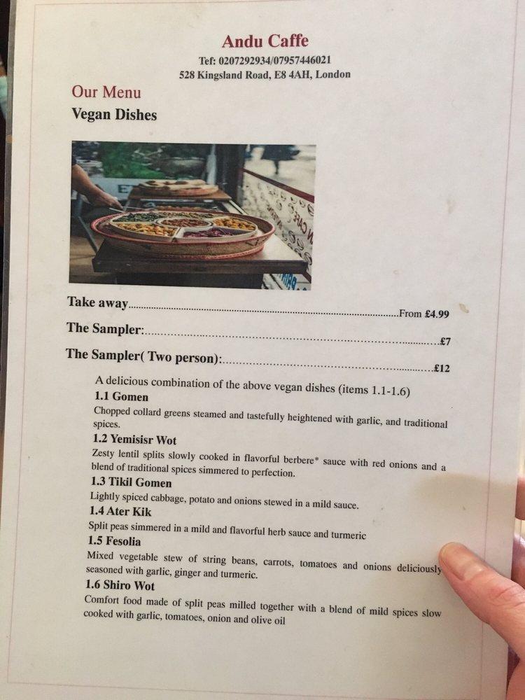 Menu at Andu Ethiopian Vegan Café restaurant, London, 528 Kingsland Rd
