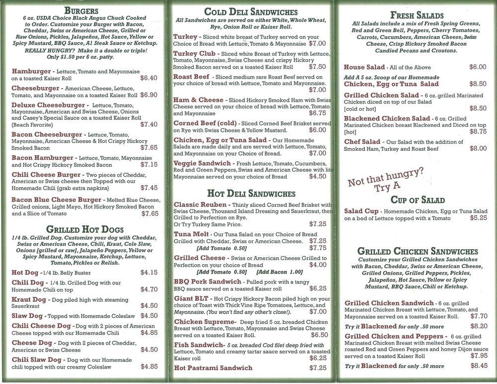 Menu at Casey's Place restaurant, Vero Beach