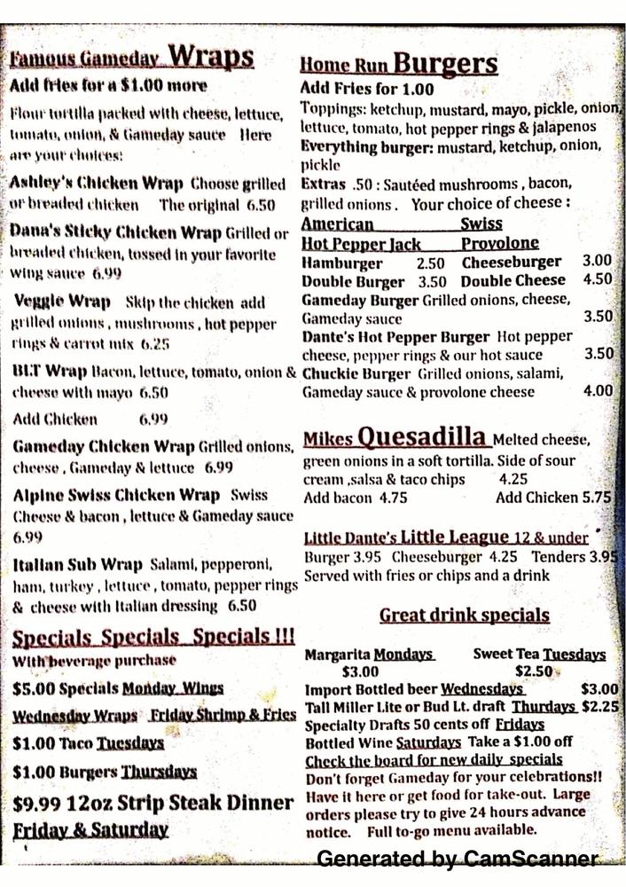 Menu at Dante's Gameday Grille pub & bar, Akron