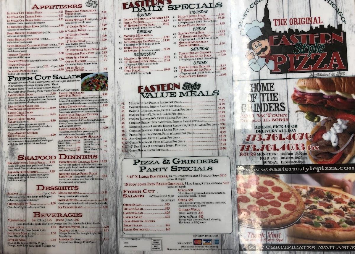 Menu at Eastern Style Pizza pizzeria, Chicago, W Touhy Ave