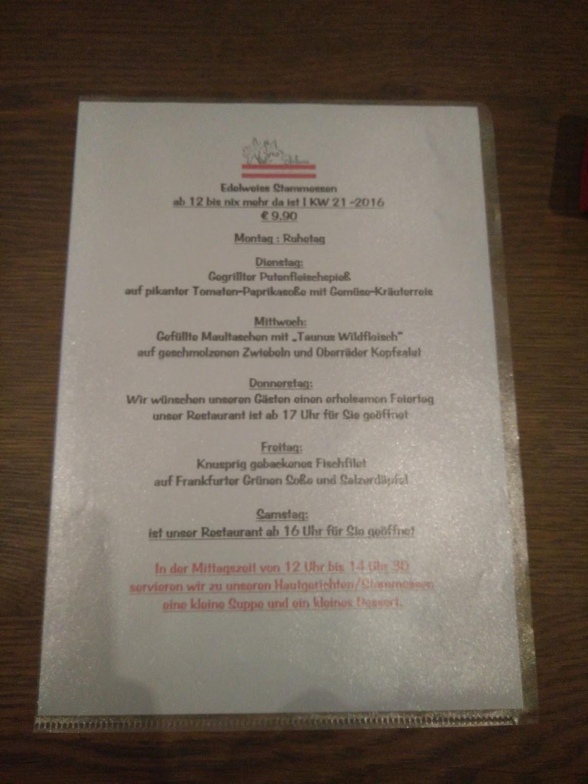 Menu at Edelweiss restaurant, Frankfurt