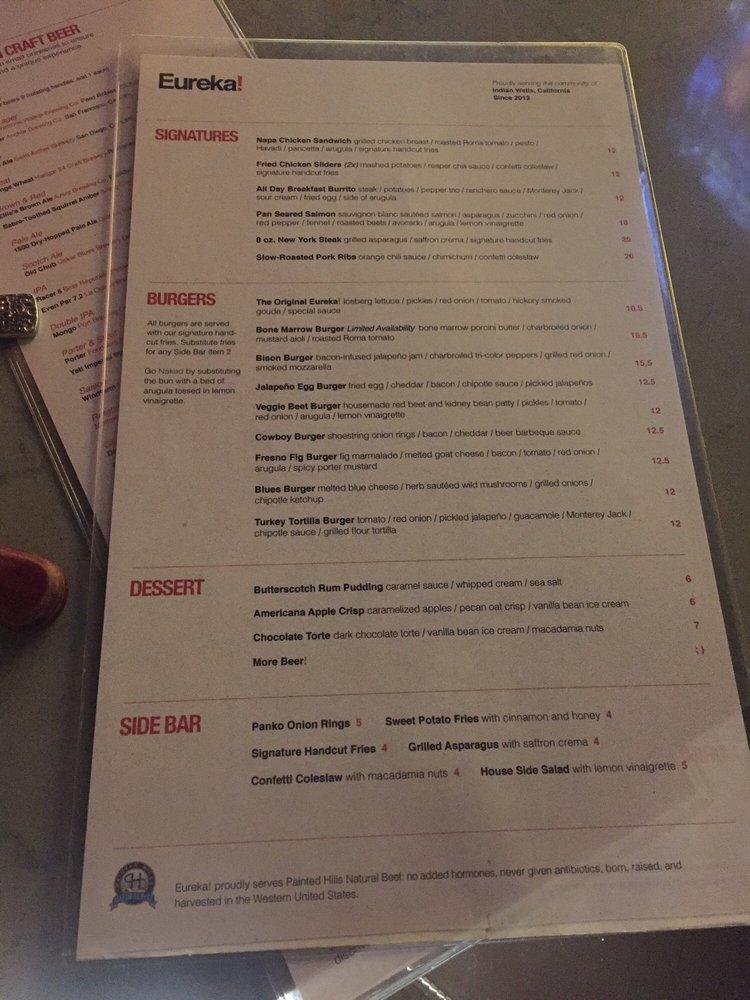 Menu at Eureka! restaurant, Indian Wells