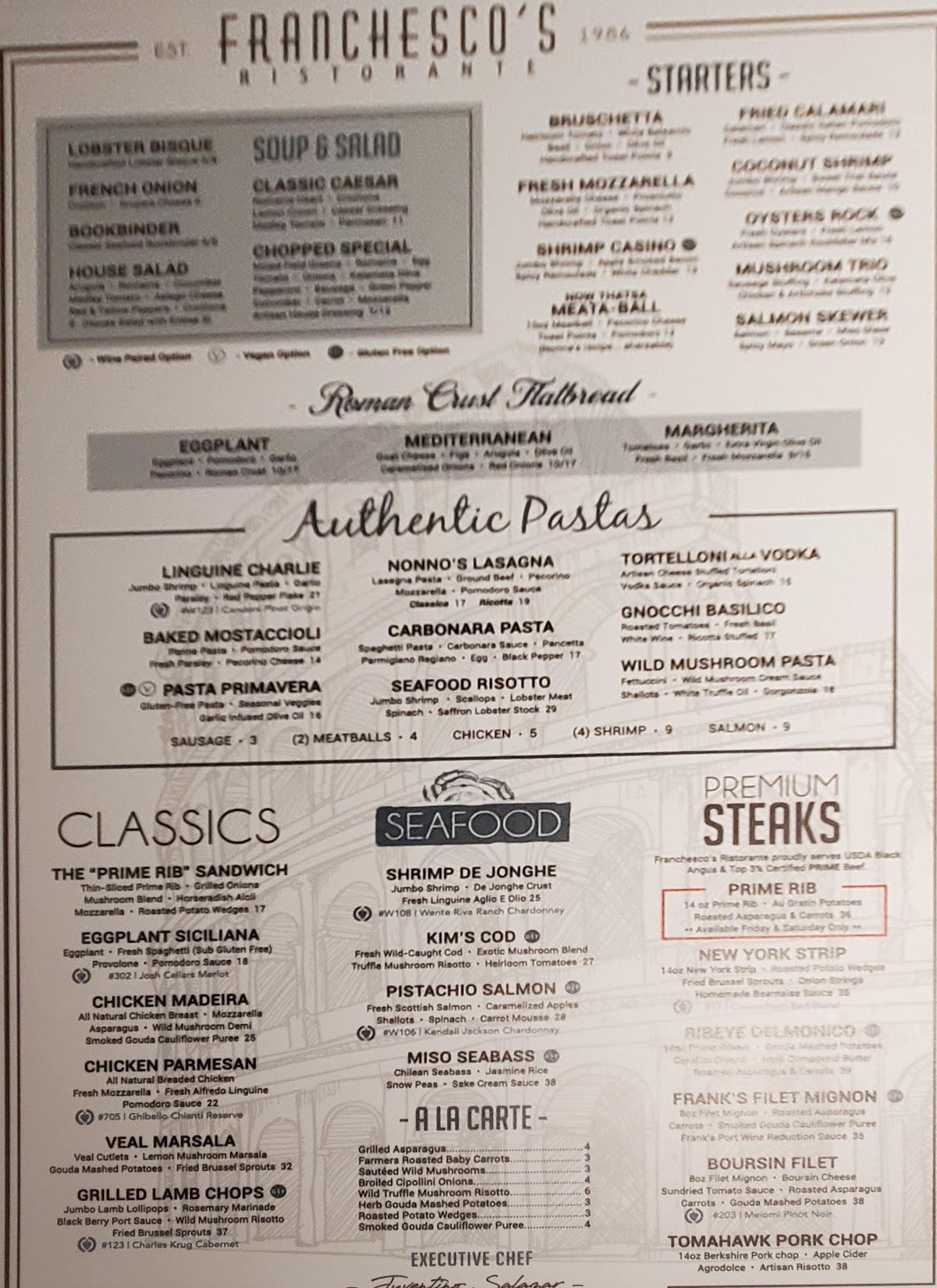 Menu at Franchesco's Ristorante steakhouse, Rockford
