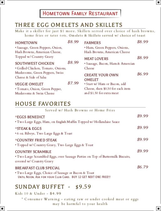 Menu at Hometown Family Restaurant, Marinette