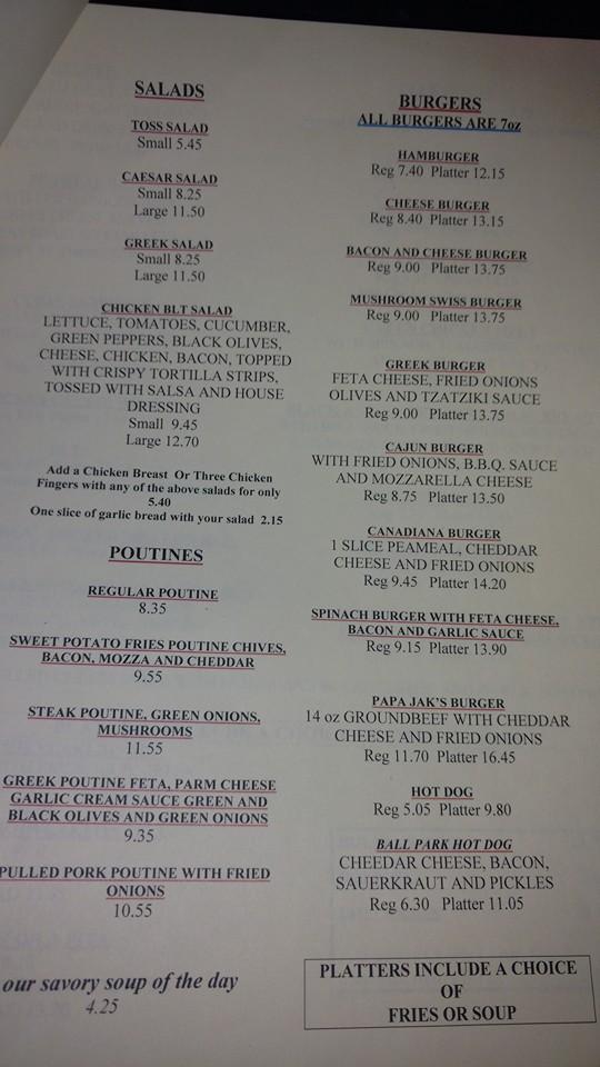 Menu at Jak's Diner restaurant, Sudbury