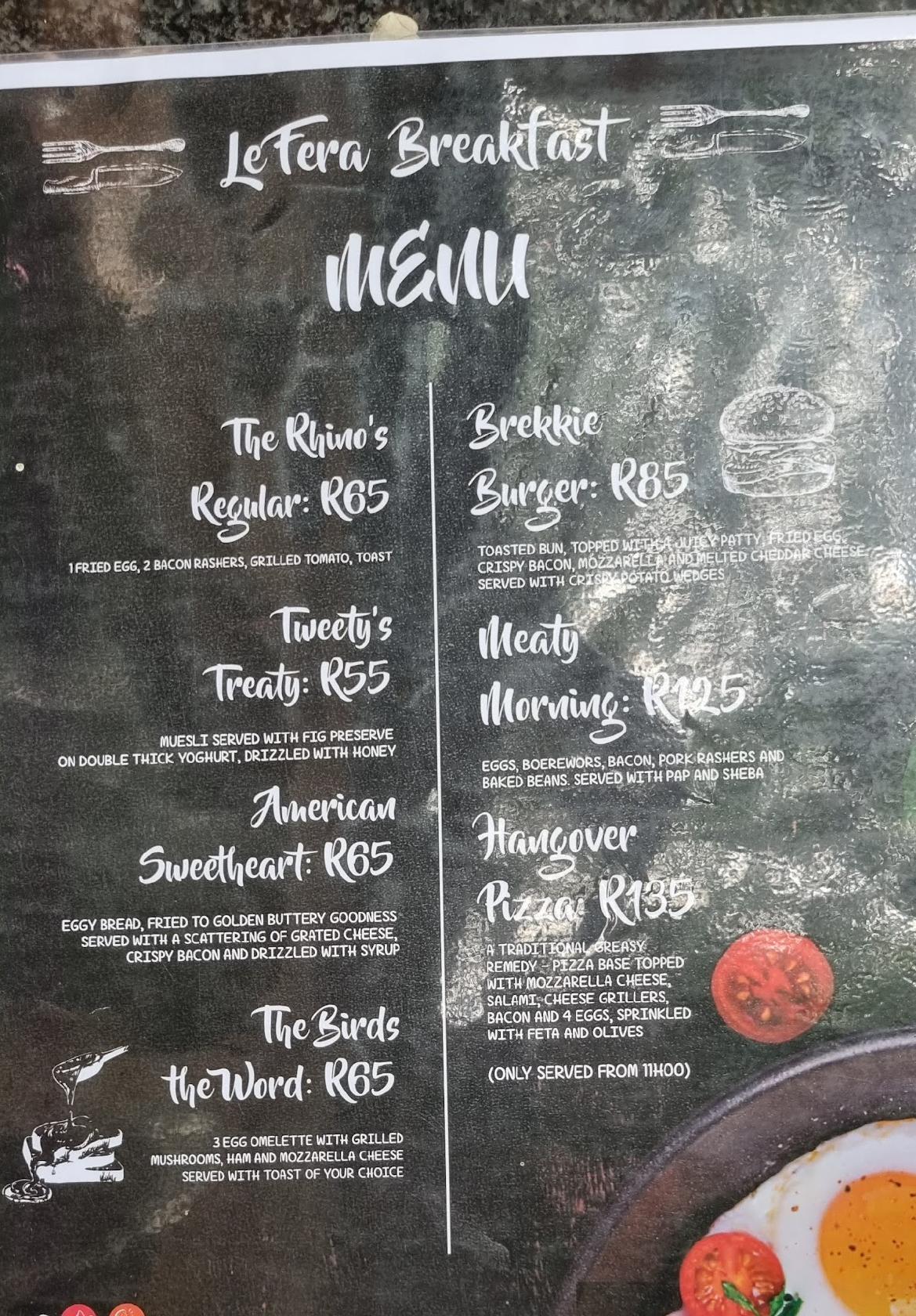 Menu at La Fera Restaurant Ngwenya, South Africa