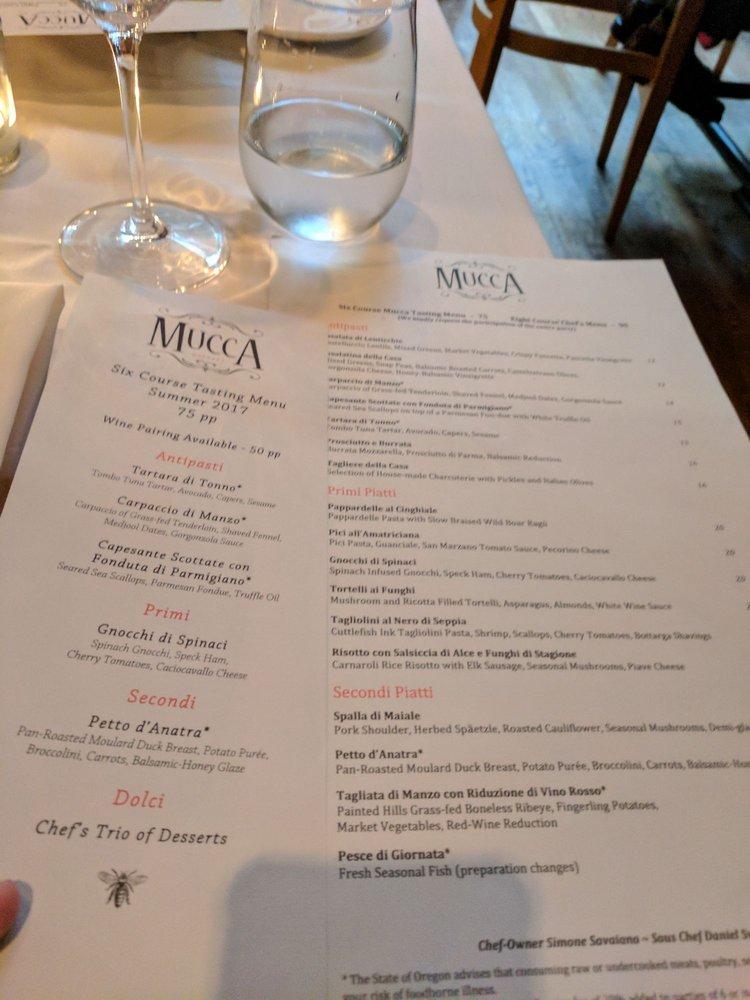 Menu at Mucca Osteria restaurant, Portland