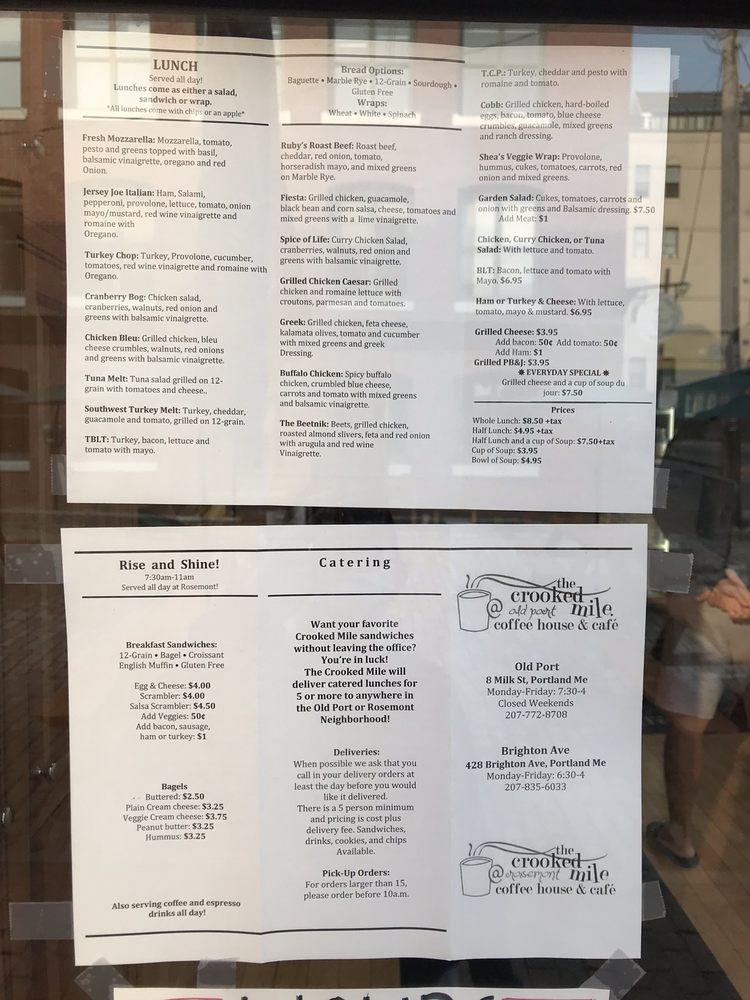 Menu at The Crooked Mile Cafe, Portland, 8 Milk St