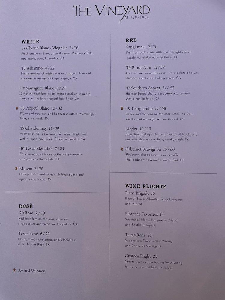 Menu at The Vineyard at Florence pub & bar, USA, Fm 487